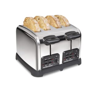 hamilton beach 24782 retro toaster with wide slots, sure-toast echnology, bagel & defrost settings, auto boost to lift smaller breads, 4 slice, polished stainless steel