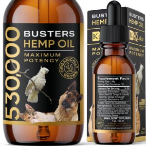 k2xlabs buster's organic hemp oil for dogs and pets, 530,000 max potency, made in usa - miracle formula, perfectly balanced omega 3, 6, 9 - joint relief, calming