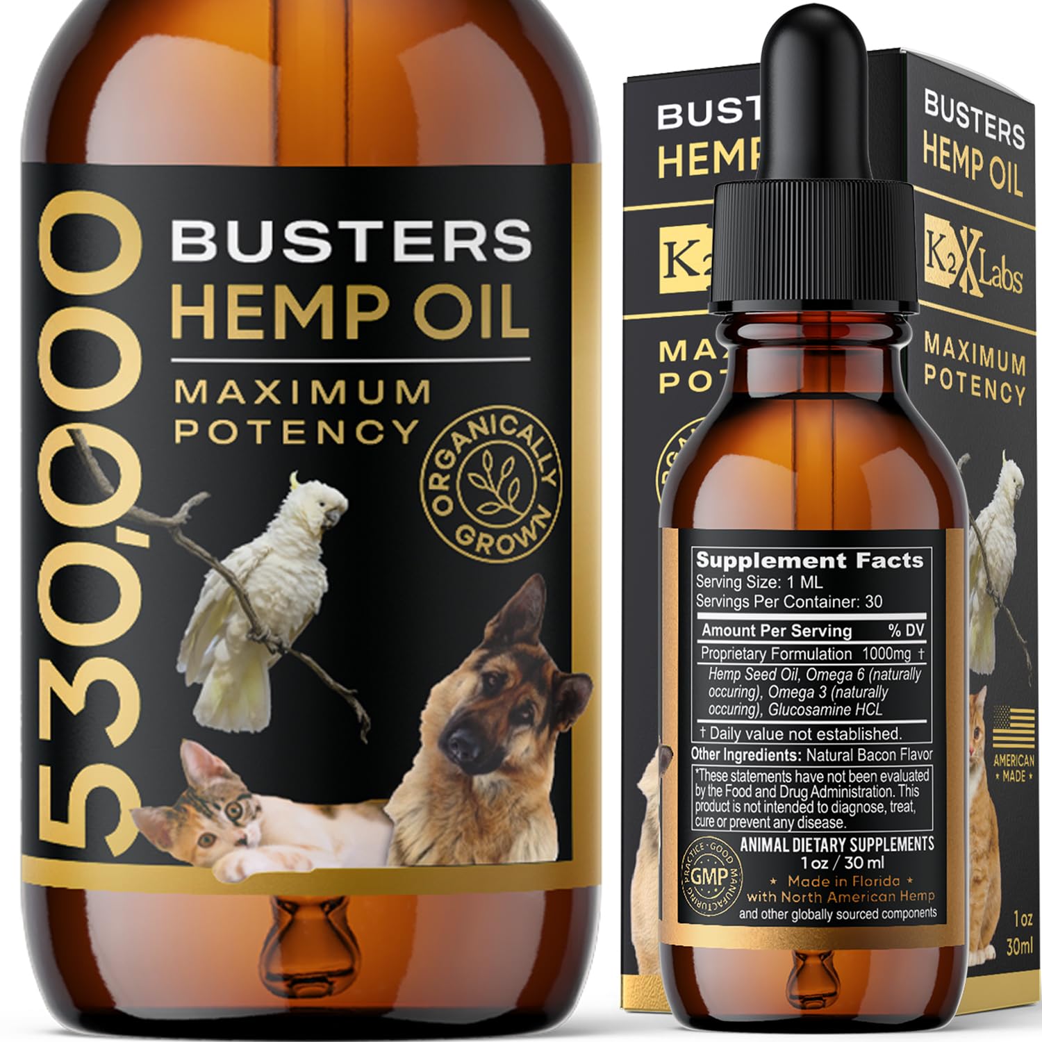 K2xLabs Buster's Organic Hemp Oil for Dogs and Pets, 530,000 Max Potency, Made in USA - Miracle Formula, Perfectly Balanced Omega 3, 6, 9 - Joint Relief, Calming