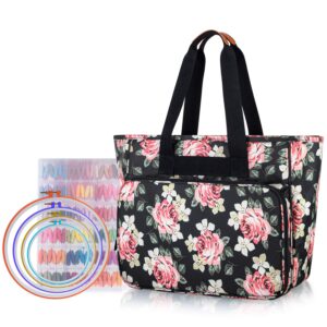 yarwo embroidery project bag, embroidery kits storage bag with multiple pockets for embroidery hoops (up to 11.2"), embroidery floss or other embroidery supplies, black peony (bag only)