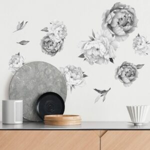 peony watercolor wall decals (black and white watercolor) - peony decor flowers wall decals - botanical bedroom wall decals - floral peonies grey wall stickers with test sample