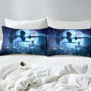 Aircraft Comforter Cover Airplane Print Bedding Set Cityscape Duvet Cover for Children Kids Boys Girls Helicopter Flying Plane Bedspread Cover Modern City Building Decor 3Pcs Bedclothes Queen Size