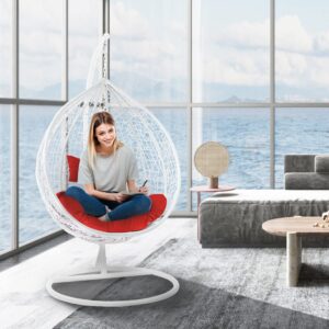 j.m.deco patio swing chair with stand, egg chair with support frame, hammock chair swing wicker plastic for indoor, outdoor, garden, backyard & patio (white+red)