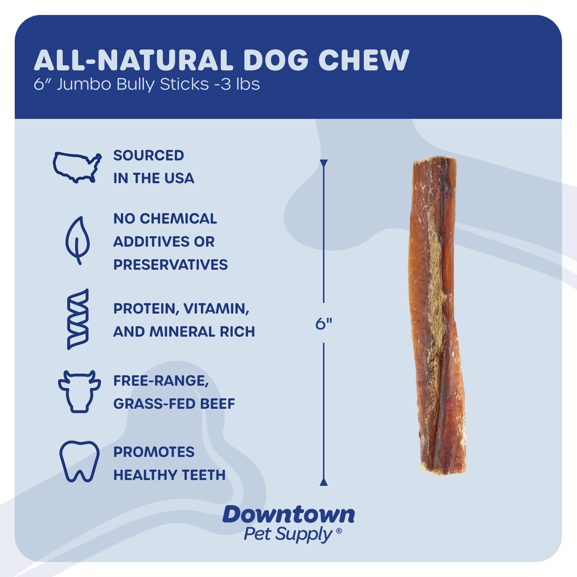 Downtown Pet Supply USA Sourced 6", 3 Lb. Jumbo Bully Sticks for Large Dogs - Rawhide Free Dog Chews Long Lasting and Non-Splintering - Single Ingredient, Low Odor Bully Sticks for Medium Dogs