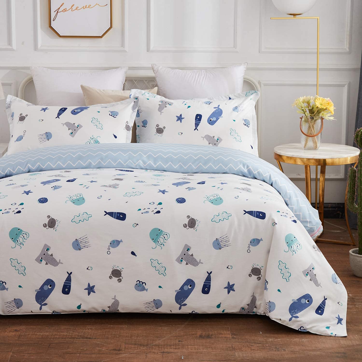 Brandream Kids Bedding Set Twin Size 100% Cotton Boy Girl Nautical Ocean Sea Life Children Duvet Cover Set (Comforter Not Included)