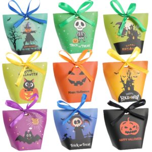 halloween candy treat bags - 36pcs paper trick or treat sweet goodie decorations bags with ribbons, 9 patterns gift party favors for kids