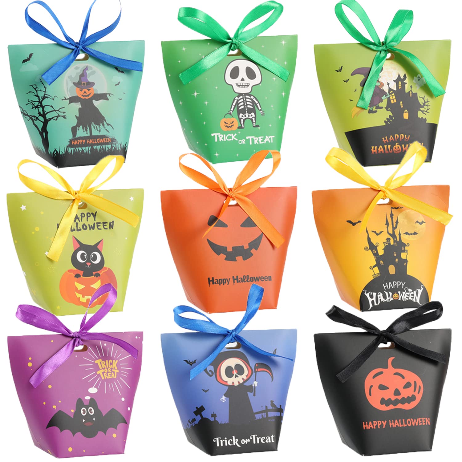 Halloween Candy Treat Bags - 36PCS Paper Trick or Treat Sweet Goodie Decorations Bags with Ribbons, 9 Patterns Gift Party Favors for Kids