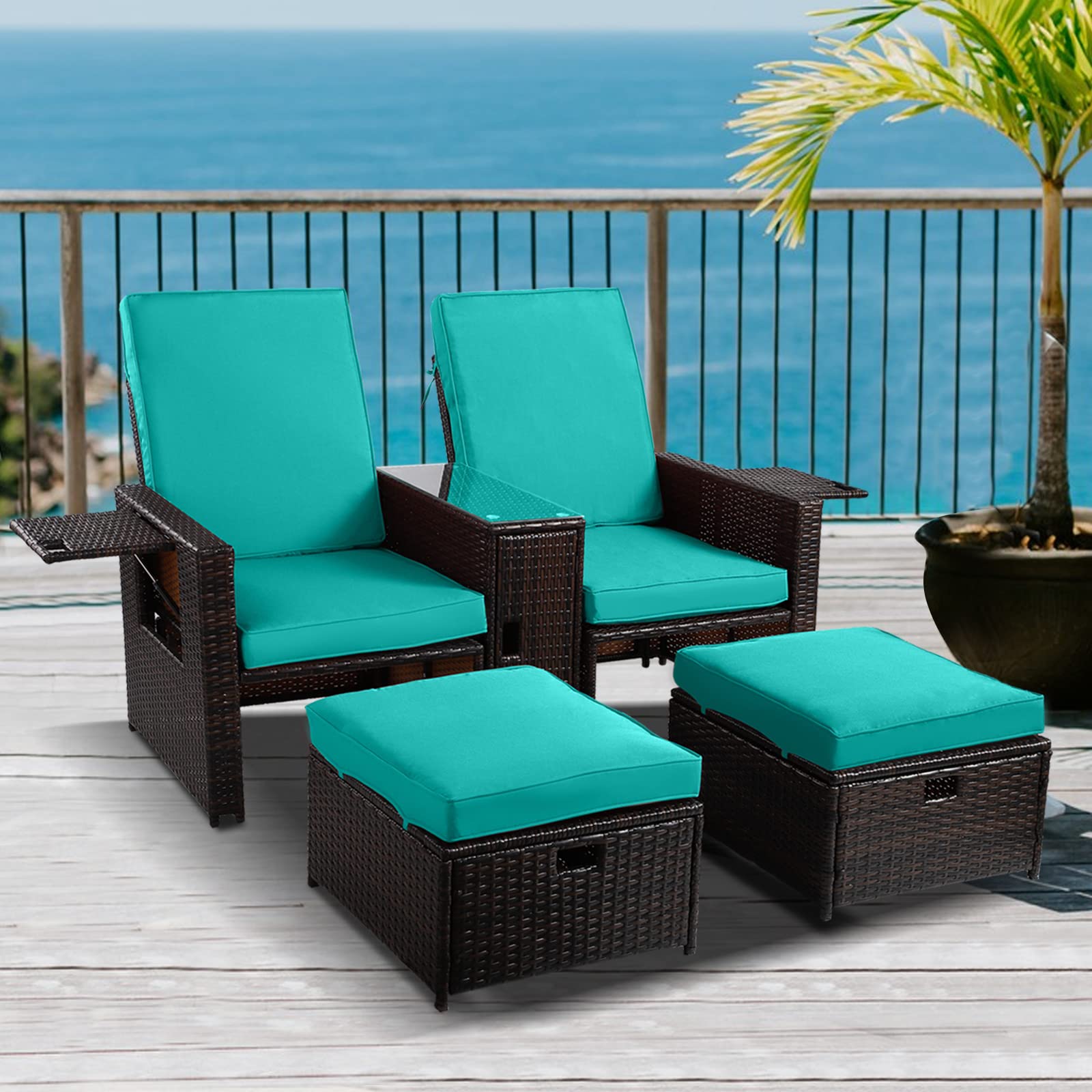 B BAIJIAWEI Patio Wicker Loveseat Adjustable Lounge Chair with Ottoman Footrest, Wicker Furniture for Garden, Patio, Balcony, Beach, Coffee Bar, Deck