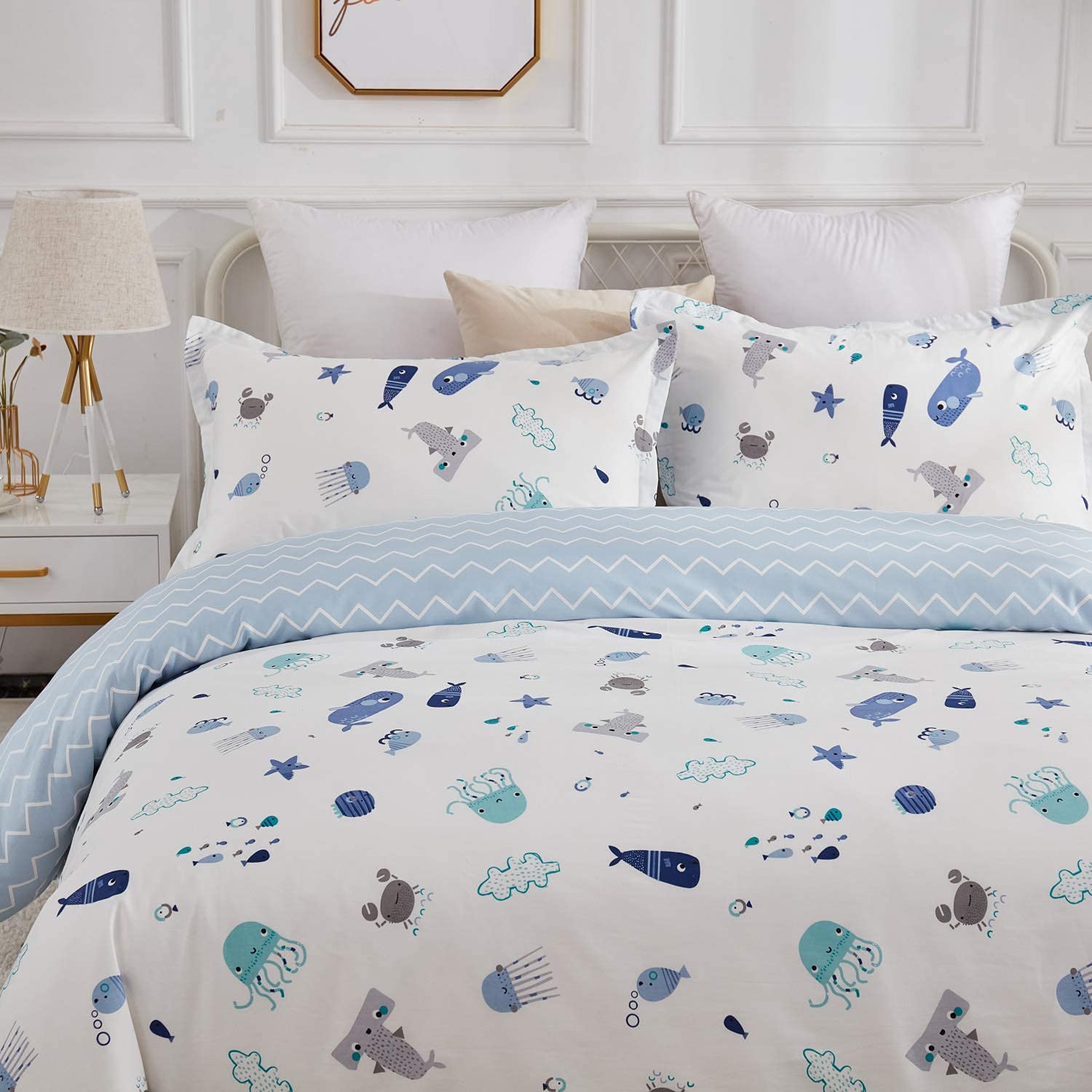 Brandream Kids Bedding Set Twin Size 100% Cotton Boy Girl Nautical Ocean Sea Life Children Duvet Cover Set (Comforter Not Included)