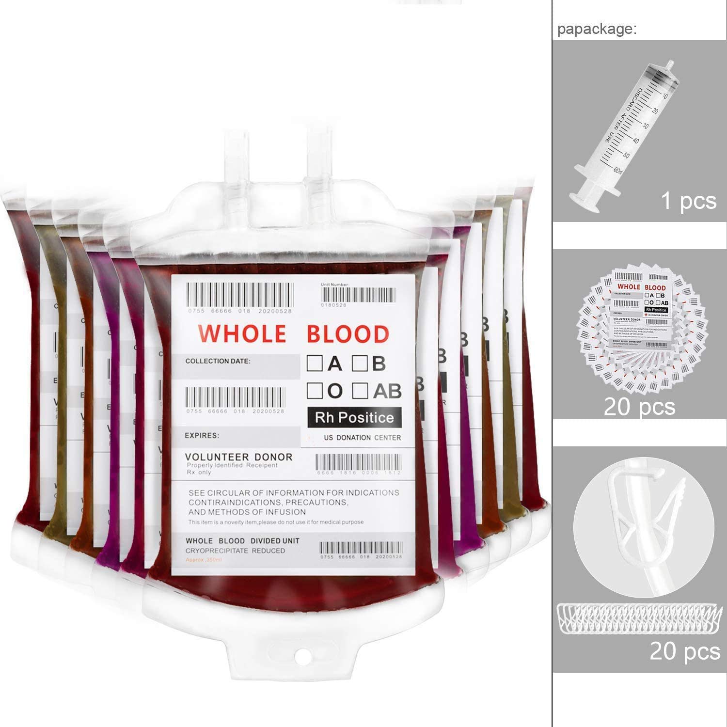 Blood Bags for Drinks Party Favor, Halloween Party Decorations Reusable Drink Pouch Dispenser Set of 20 IV Bags for Halloween, Theme Party, Costume Props,Vampire,Zombie,Nurse Graduation