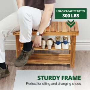 BEEFURNI Acacia Shoe Rack Bench, 3-Tier Sturdy Shoe Storage Bench, Wooden Shoe Organizer, 300 LBS Load Capacity, Perfect for Closet Entryway Bathroom, 1-Year Manufacturer Warranty, Natural Acacia