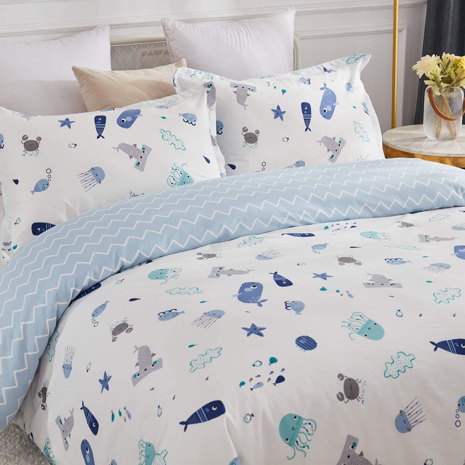 Brandream Kids Bedding Set Twin Size 100% Cotton Boy Girl Nautical Ocean Sea Life Children Duvet Cover Set (Comforter Not Included)