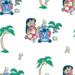 lilo and stitch with friends white fabric premium quality 100% cotton sold by the yard.