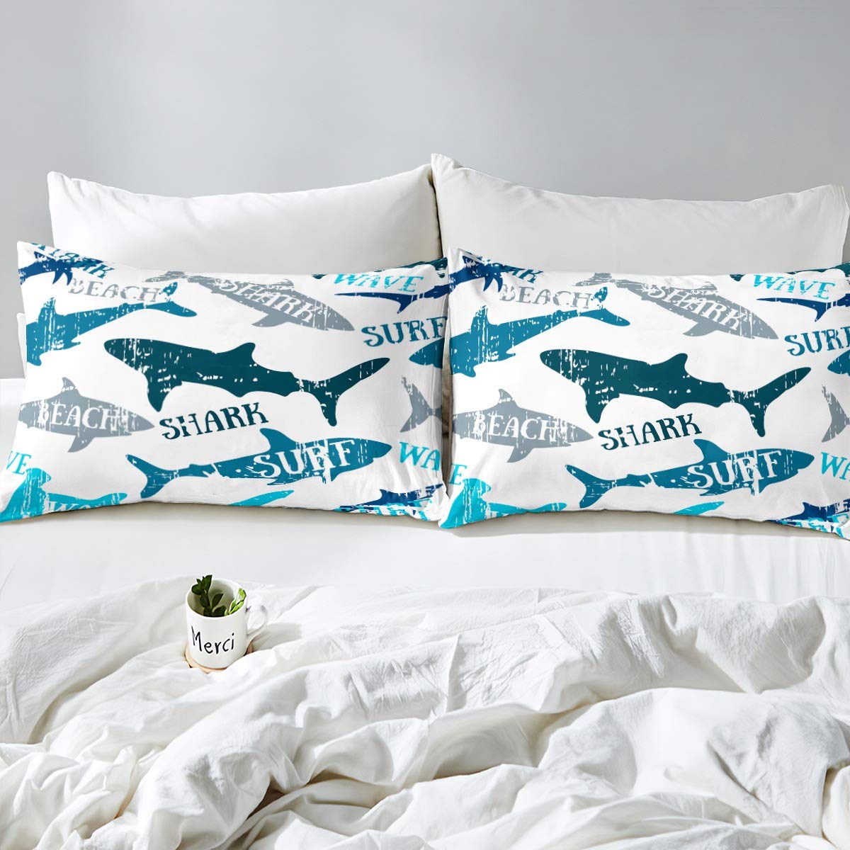 Shark Comforter Cover Set Cartoon Shark Print Sealife Duvet Cover for Kids Boys Girls Teens Underwater World Marine Life Ocean Theme Microfiber Bedding Set Decor 3Pcs Quilt Cover Queen