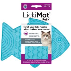 lickimat felix, fish-shaped cat slow feeders lick mat, boredom anxiety reducer; perfect for food, treats, yogurt, or peanut butter. fun alternative to a slow feed cat bowl or dish, turquoise