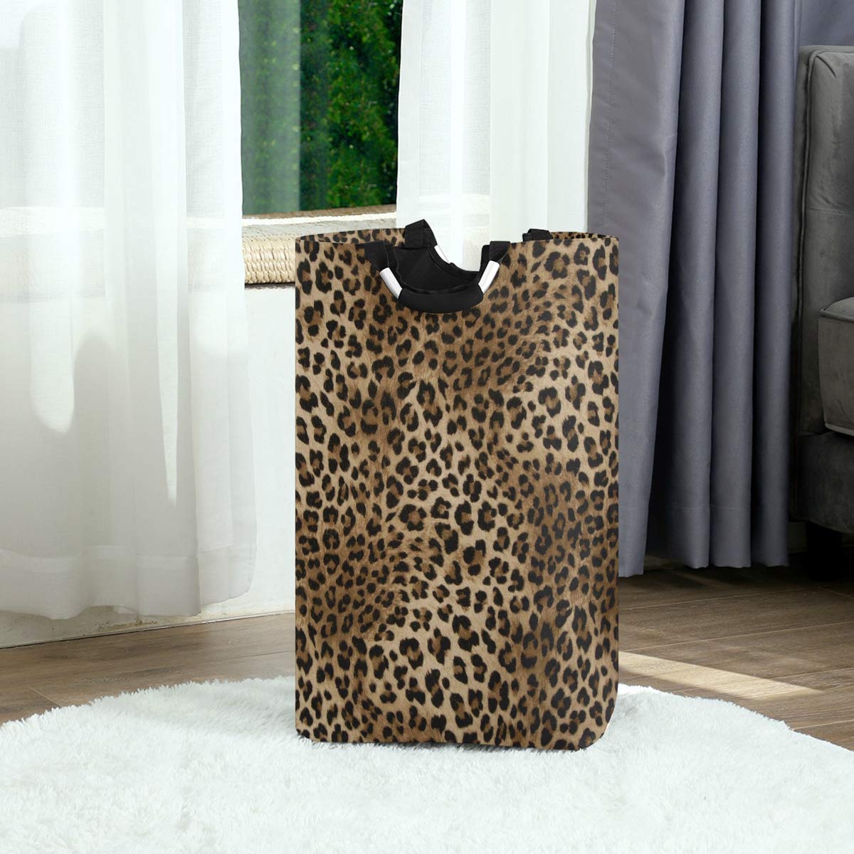 CaTaKu Leopard Brown Collapsible Laundry Baskets, Dirty Clothes Hampers for Laundry, Cheetah Print Large Hamper with Handles, Laundry Room Organization and Storage