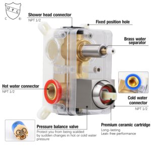 Qomolangma 12 inch Rain Shower System, Bathroom Shower Faucet Set with Pressure Balance Valve, Wall Mounted 2-Functions Shower Systems with Rain Shower and Handheld Spray Shower Trim Included