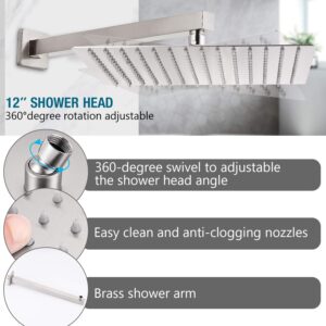 Qomolangma 12 inch Rain Shower System, Bathroom Shower Faucet Set with Pressure Balance Valve, Wall Mounted 2-Functions Shower Systems with Rain Shower and Handheld Spray Shower Trim Included