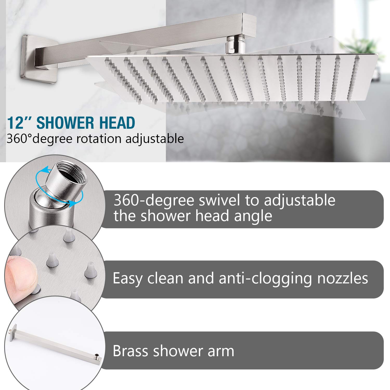 Qomolangma 12 inch Rain Shower System, Bathroom Shower Faucet Set with Pressure Balance Valve, Wall Mounted 2-Functions Shower Systems with Rain Shower and Handheld Spray Shower Trim Included