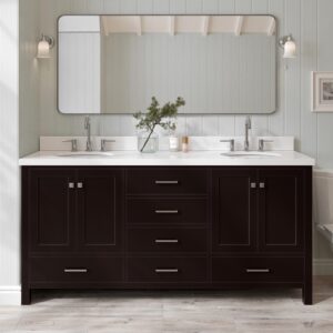 ariel double bathroom vanity 73" espresso with 1.5" edge pure white quartz countertop & backsplash, center oval sinks, 4 soft closing doors, 6 full extension dovetail drawers, brushed nickel