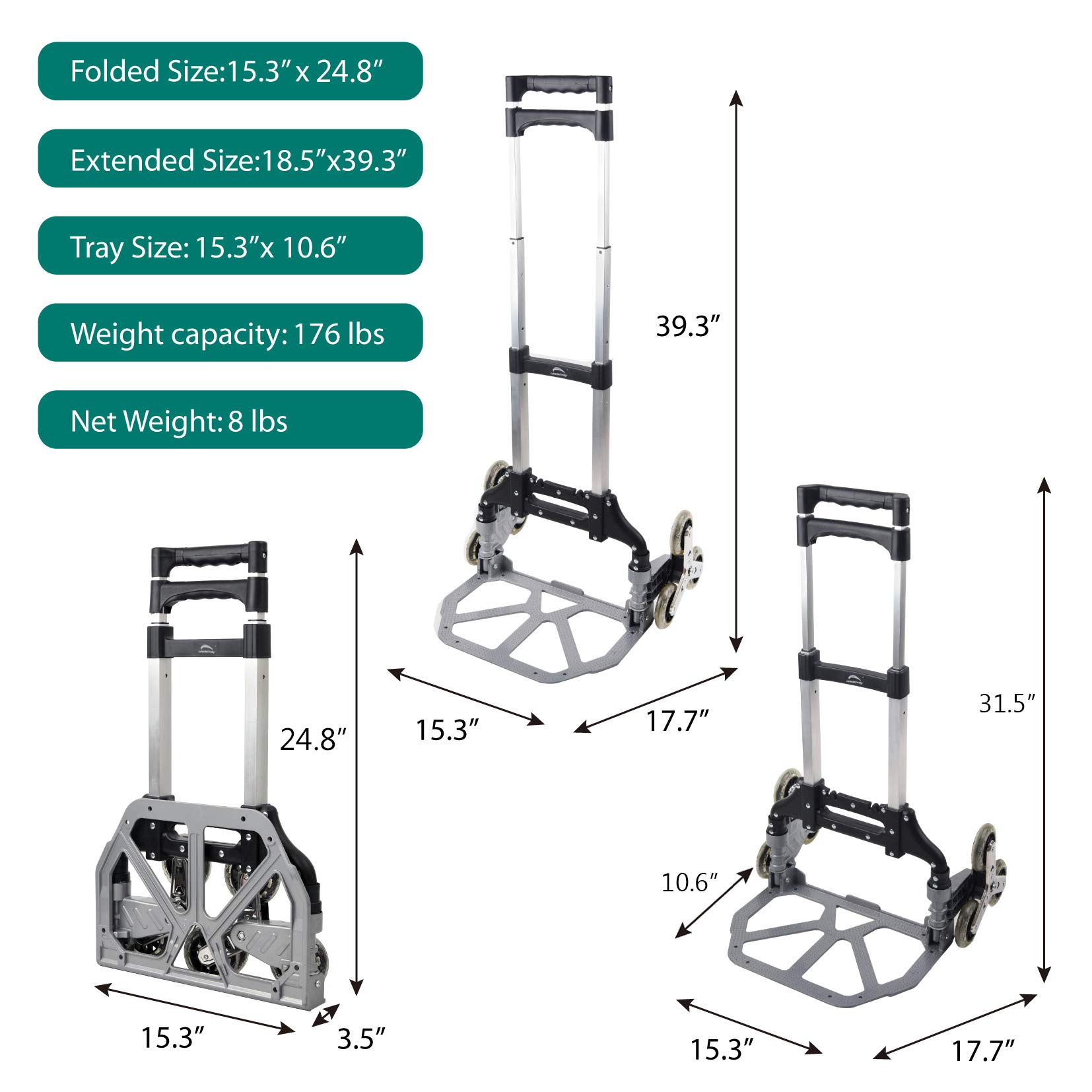 Stair Climbing Cart Aluminum Alloy Portable Climbing Cart 6 Crystal Wheels All Terrain Stair Climbing Hand Truck with Climbing Ropes