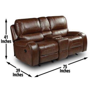 Steve Silver Co Keily Manual Motion Glider Loveseat, Vegan Leather, 2-USB Charging Ports, 2-Cupholders, Dual-Rocker/Recliner, Living/Game Room, 75" L x 39" W x 41" H, Brown