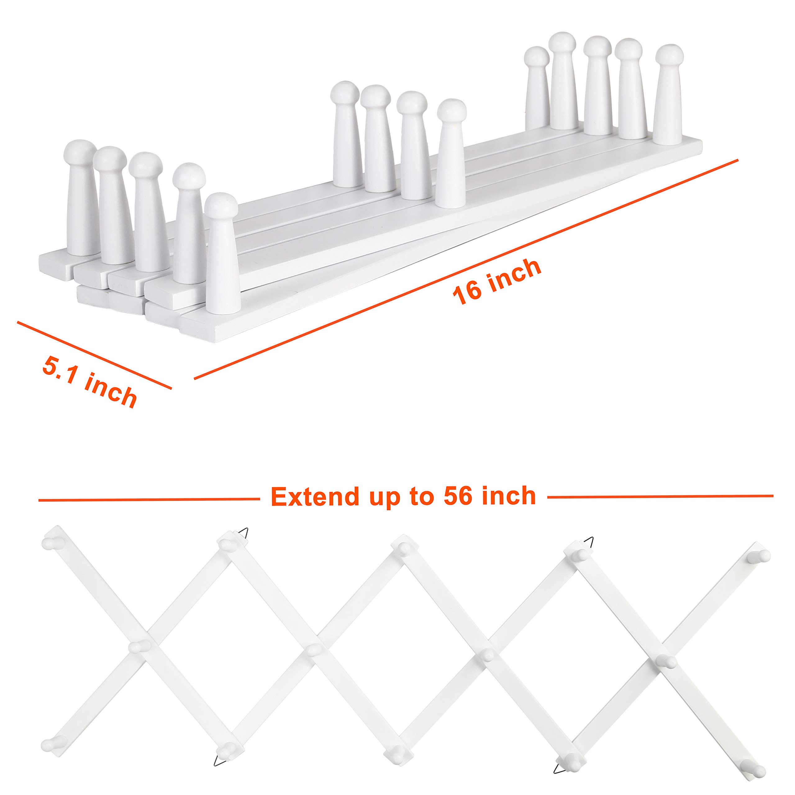 Dseap Accordian Wall Hanger: 16” High Wooden Wall Expandable Coat Rack, Hat Rack Holder, Accordion Hook for Baseball Caps, Coats, Mugs, 14 Peg Hooks, White