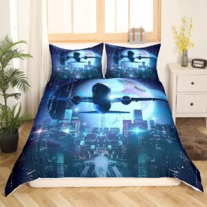 Aircraft Comforter Cover Airplane Print Bedding Set Cityscape Duvet Cover for Children Kids Boys Girls Helicopter Flying Plane Bedspread Cover Modern City Building Decor 3Pcs Bedclothes Queen Size