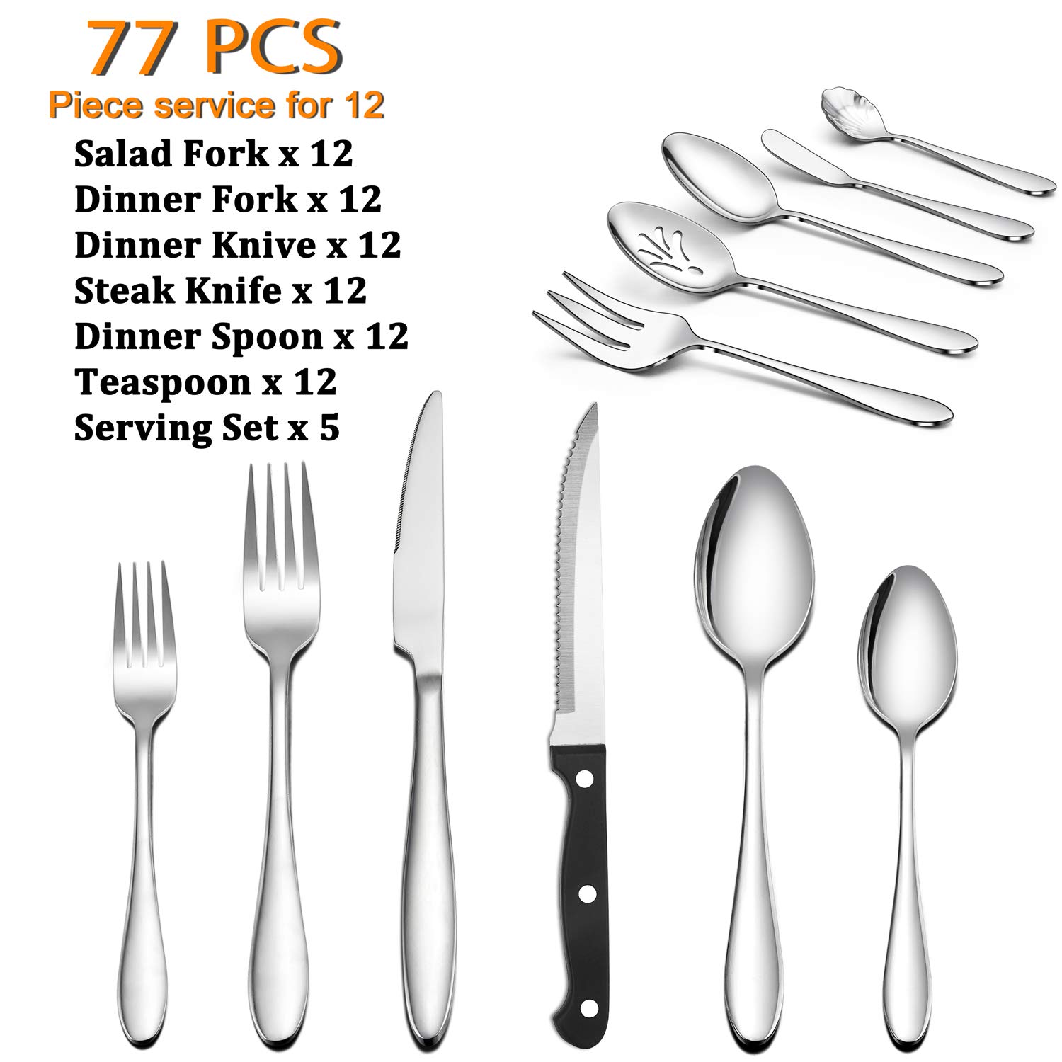 77-Piece Silverware Set with Steak Knives Serving Utensils, E-far Stainless Steel Flatware Cutlery Set for 12, Modern Tableware Eating Utensils for Restaurant Kitchen, Mirror Polished, Dishwasher Safe