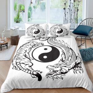 yin yang bedding set dragon tiger fighting comforter cover traditional chinese tai chi diagram duvet cover lightweight bedroom decoration for kids boys girls teens adults queen size black white