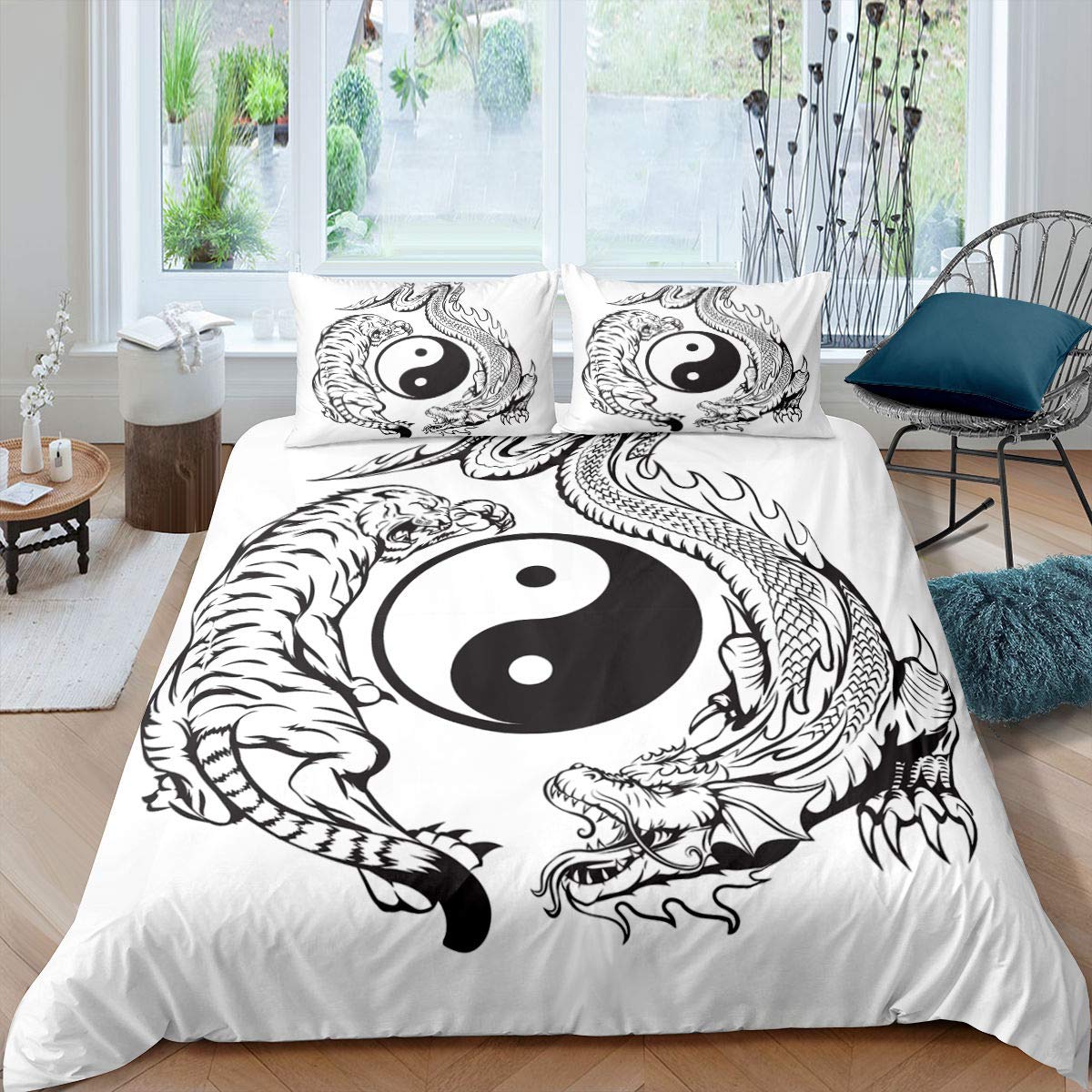 Yin Yang Bedding Set Dragon Tiger Fighting Comforter Cover Traditional Chinese Tai Chi Diagram Duvet Cover Lightweight Bedroom Decoration For Kids Boys Girls Teens Adults Queen Size Black White