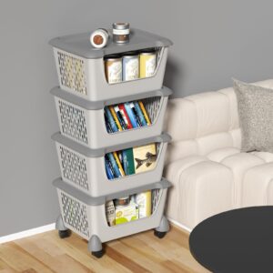 Ucake Plastic Stacking Basket with Wheels, Stackable Storage Basket Organizer, 5 Tiers