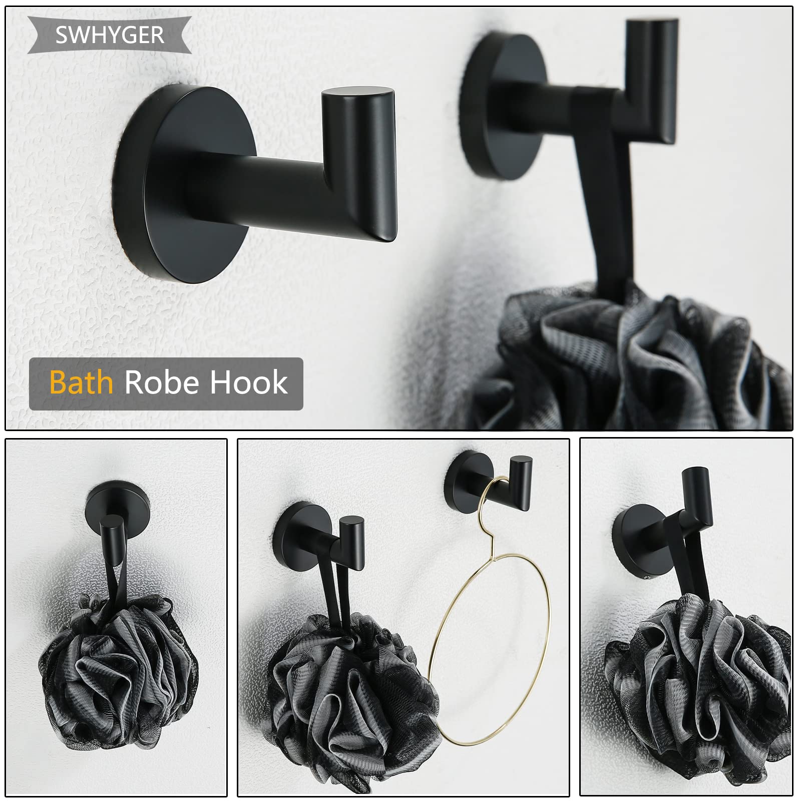 SWHYGER Towel Coat Hook Matte Black SUS304 Stainless Steel Bathroom Clothes Cabinet Closet Sponges Robe Hook Wall Mounted Round Kitchen Heavy Duty Door Hanger 2 Packs,96018-8MB.