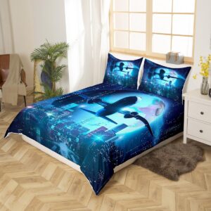 Aircraft Comforter Cover Airplane Print Bedding Set Cityscape Duvet Cover for Children Kids Boys Girls Helicopter Flying Plane Bedspread Cover Modern City Building Decor 3Pcs Bedclothes Queen Size