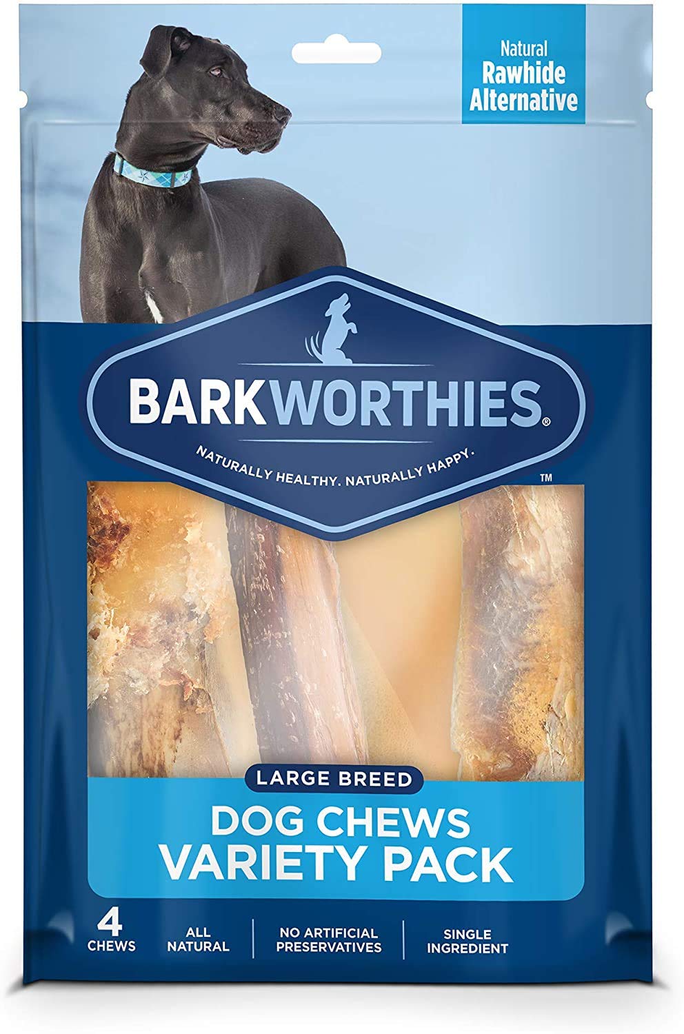 Barkworthies Healthy Dog Treats & Chews Large Dog Variety Pack (4 Chews) - Protein-Rich, Easily digestible, Rawhide Alternative - Great Gift for All Dogs