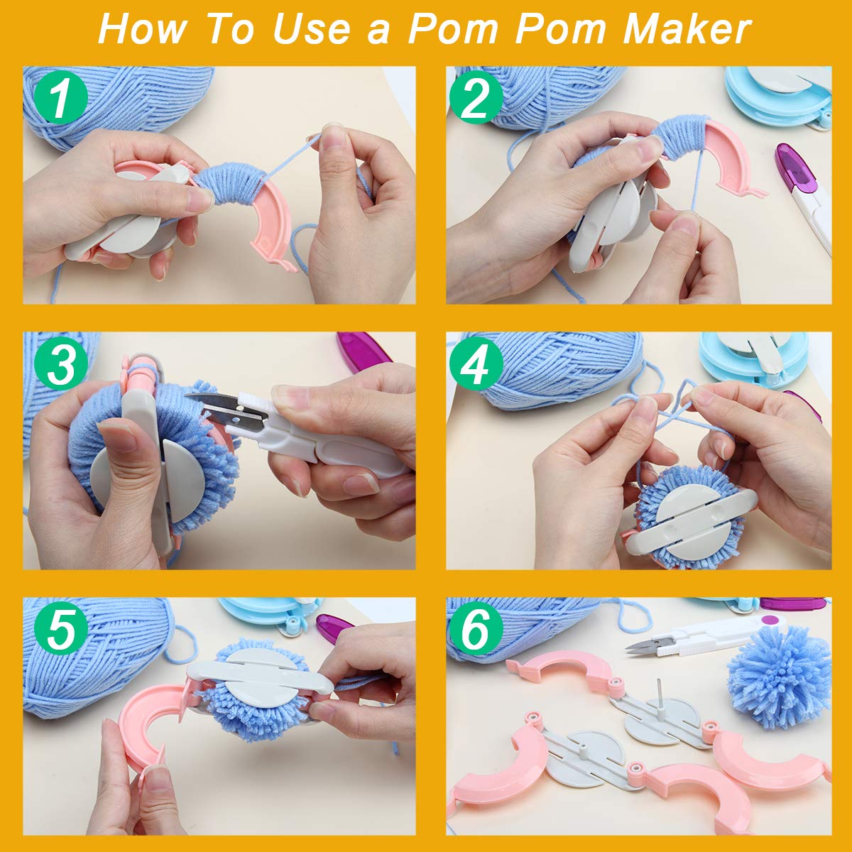 Zhaoyao Pompom Makers 4 Size Pom Poms Maker Tool Set DIY Fluff Ball Weaver for DIY Wool Yarn Knitting Craft Project with Cutter Scissors