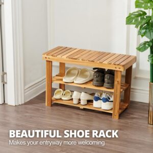 BEEFURNI Acacia Shoe Rack Bench, 3-Tier Sturdy Shoe Storage Bench, Wooden Shoe Organizer, 300 LBS Load Capacity, Perfect for Closet Entryway Bathroom, 1-Year Manufacturer Warranty, Natural Acacia