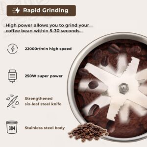 Moongiantgo Coffee Grinder Electric, 250W Mini Spice Grain Mill, 200ml Capacity Dry Grinding Machine with Small Brush, Stainless Steel Blade, for Spices Seeds Rice Beans Seasonings, 110V