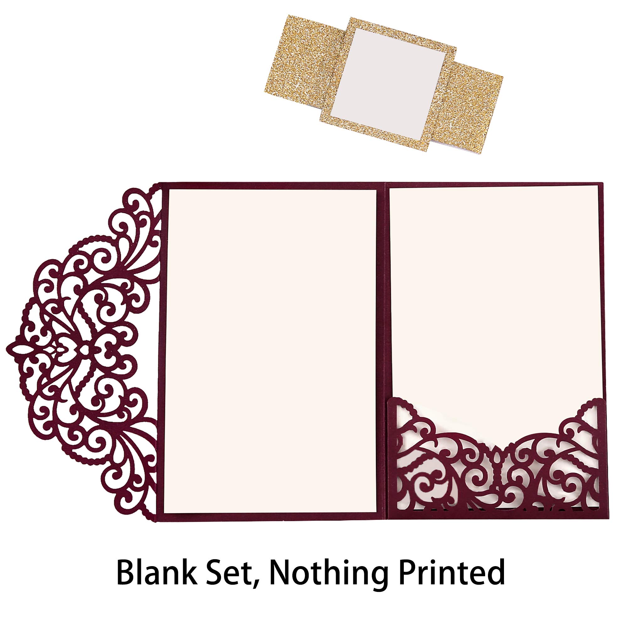 DreamBuilt 4.7 x7 inch 50PCS Blank Burgundy Laser Cut Wedding Invitations With Envelopes Kit Hollow Rose Pocket And Gold Glitter Belly Band for Wedding Bridal Shower Engagement Invite