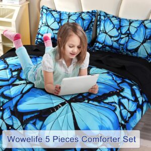 Wowelife Butterfly Bedding Sets Twin Comforter Set for Girls 5 Piece Blue Butterfly Twin Bed Set Teens Bed in a Bag Set with Sheets Lightweight Comfortable and Breathable for Kids