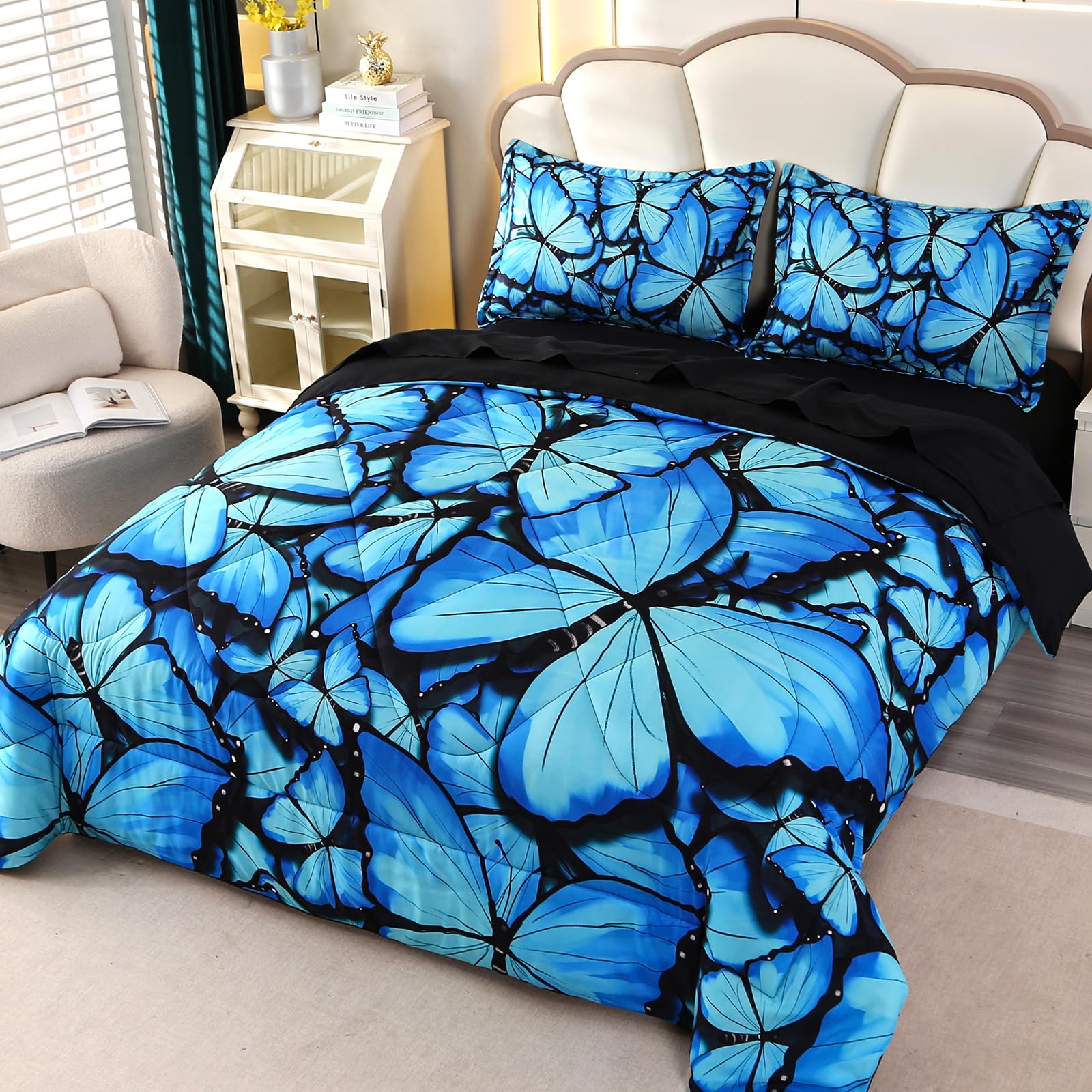 Wowelife Butterfly Bedding Sets Twin Comforter Set for Girls 5 Piece Blue Butterfly Twin Bed Set Teens Bed in a Bag Set with Sheets Lightweight Comfortable and Breathable for Kids