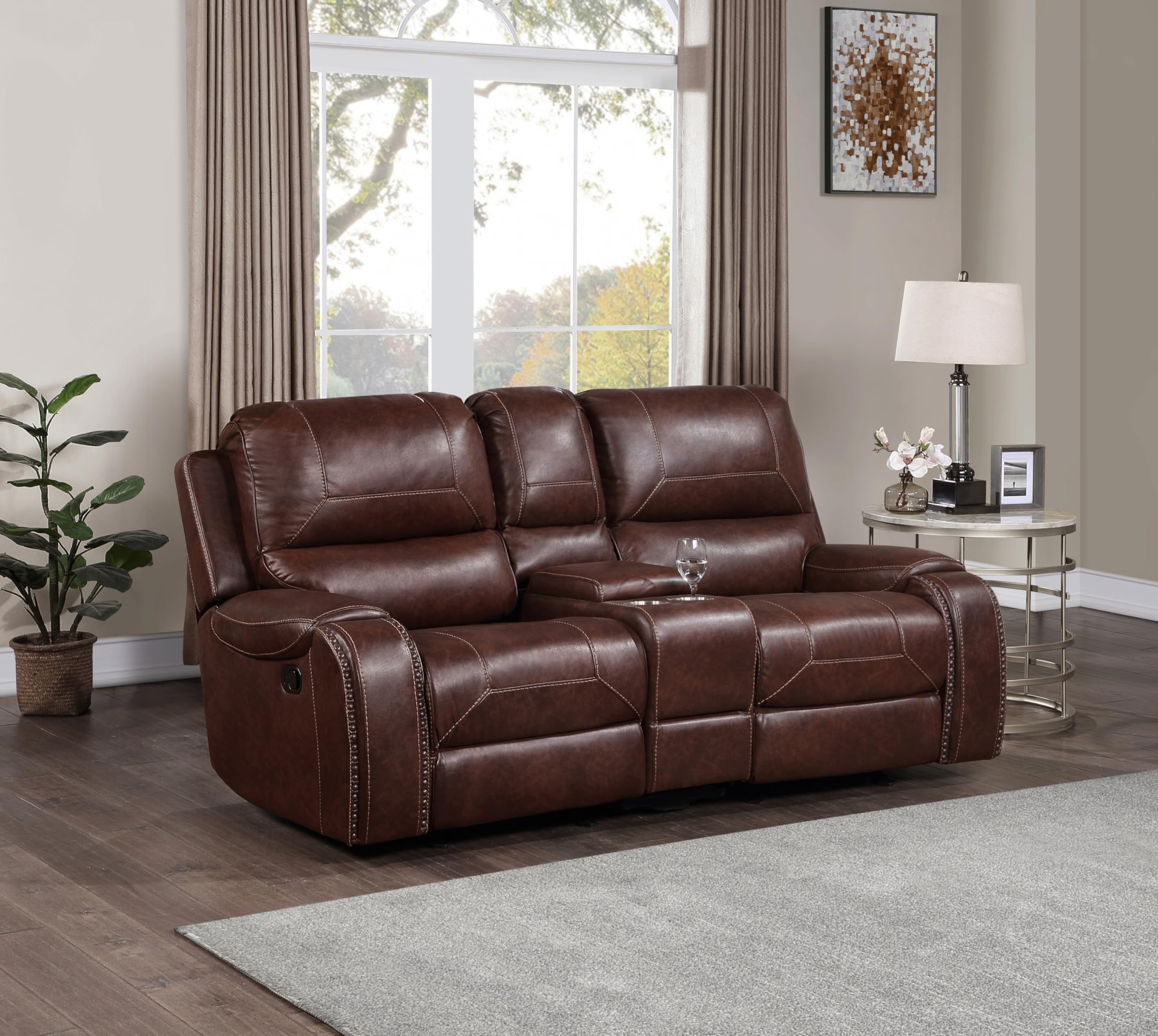 Steve Silver Co Keily Manual Motion Glider Loveseat, Vegan Leather, 2-USB Charging Ports, 2-Cupholders, Dual-Rocker/Recliner, Living/Game Room, 75" L x 39" W x 41" H, Brown