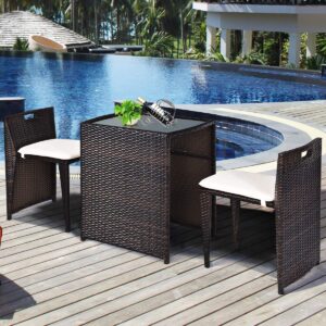 Tangkula 3 Piece Outdoor Rattan Dining Set, No Assembly Patio Bistro Set with Tempered Glass Table, Space Saving Patio Wicker Cushioned Chair Furniture Set for Courtyard, Balcony, Garden (Brown)