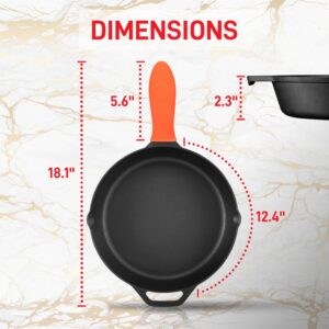 NutriChef 12-Inch Cast Iron Skillet w/Lid - Pre-Seasoned, Oven Safe, Nonstick, Cool-Touch Silicone Handle, For All Cooktops - NCCI12