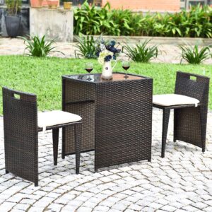 tangkula 3 piece outdoor rattan dining set, no assembly patio bistro set with tempered glass table, space saving patio wicker cushioned chair furniture set for courtyard, balcony, garden (brown)