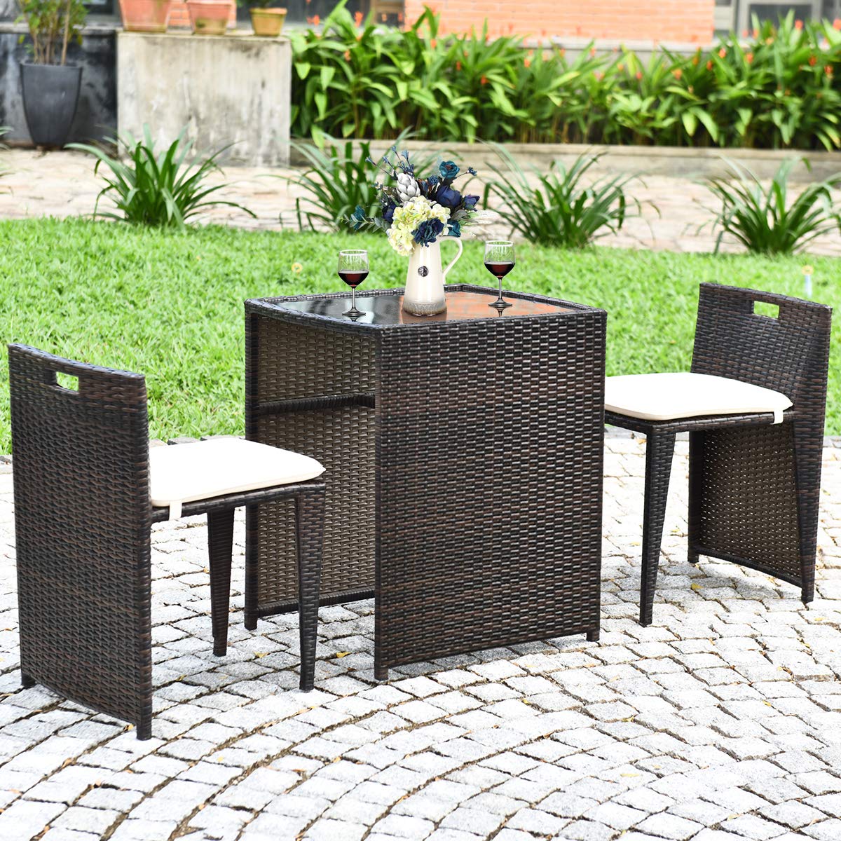 Tangkula 3 Piece Outdoor Rattan Dining Set, No Assembly Patio Bistro Set with Tempered Glass Table, Space Saving Patio Wicker Cushioned Chair Furniture Set for Courtyard, Balcony, Garden (Brown)