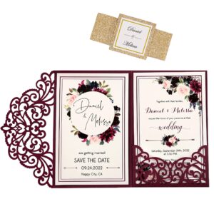 dreambuilt 4.7 x7 inch 50pcs blank burgundy laser cut wedding invitations with envelopes kit hollow rose pocket and gold glitter belly band for wedding bridal shower engagement invite