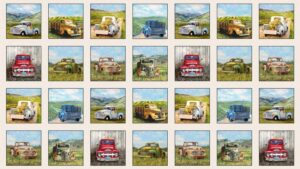 vintage truck panel by wendy marquis from elizabeth's studio 100% cotton quilt fabric 21000 cream