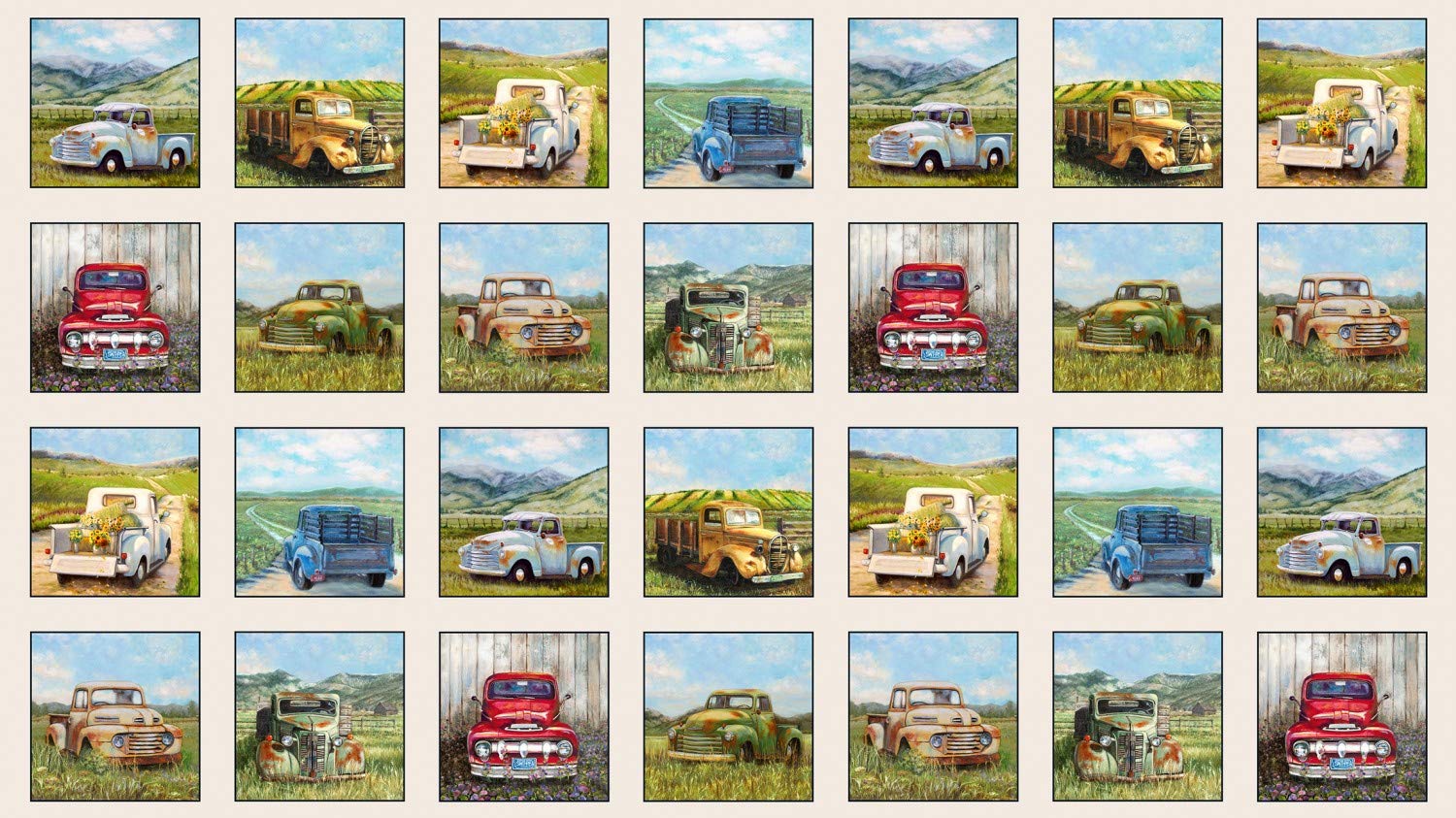 Vintage Truck Panel by Wendy Marquis from Elizabeth's Studio 100% Cotton Quilt Fabric 21000 Cream