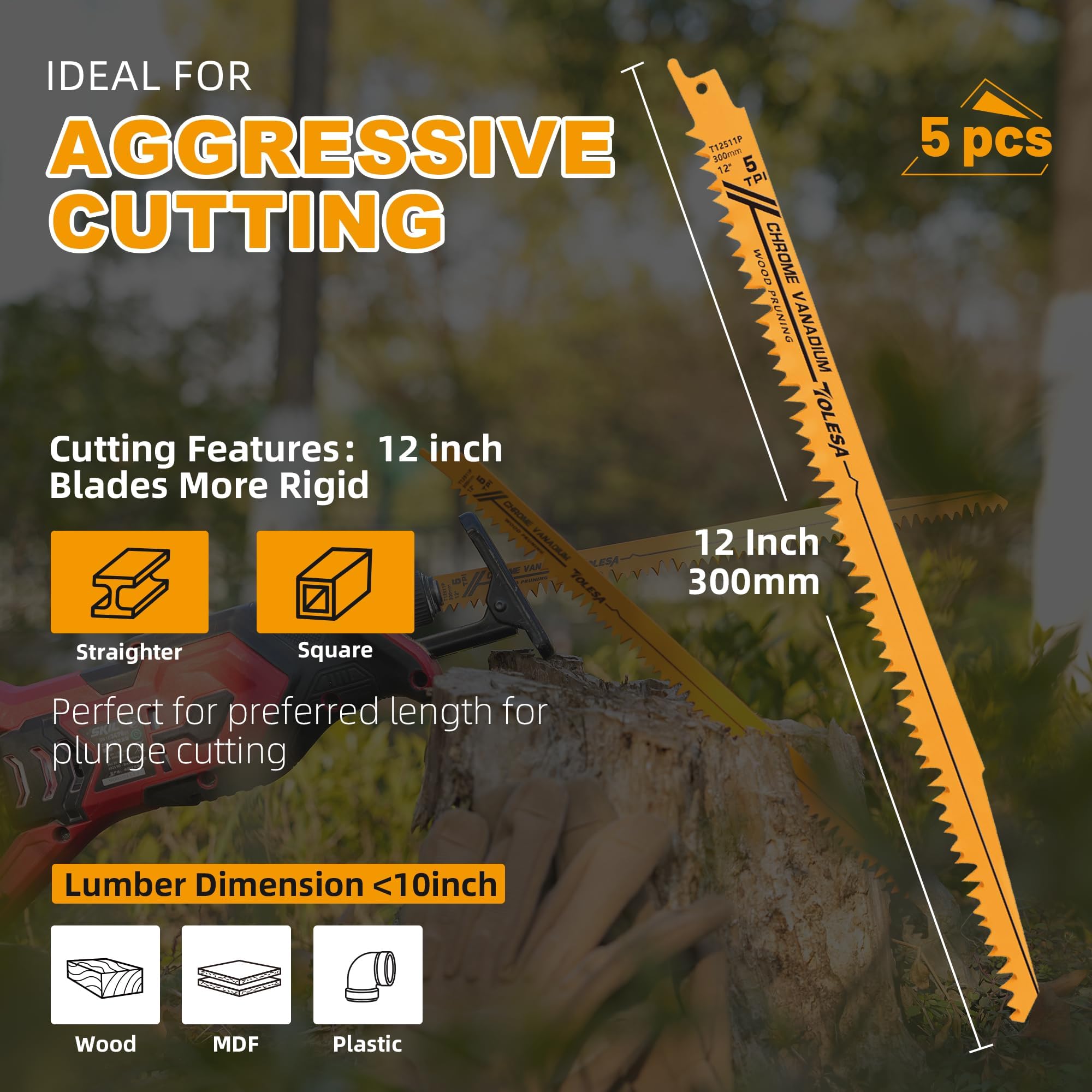 TOLESA CR-V 12 Inch Reciprocating Saw Blades 5 TPI (5 Pack), Wood Pruning Sawzall Blades for Tree Trimming Cutting